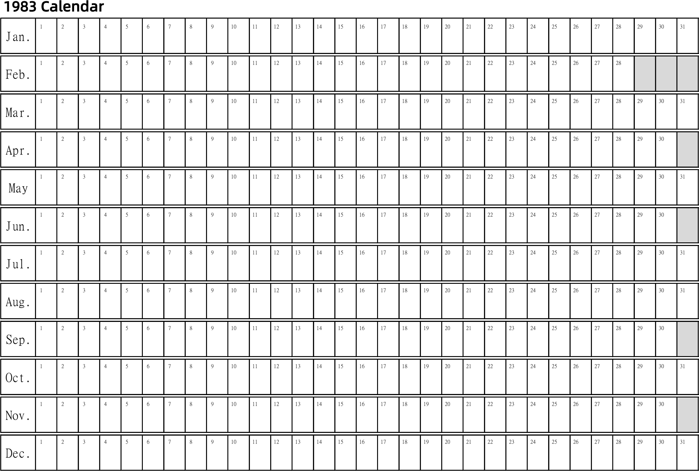 日历表1983年日历 英文版 - 模板[DF001] - 日历精灵